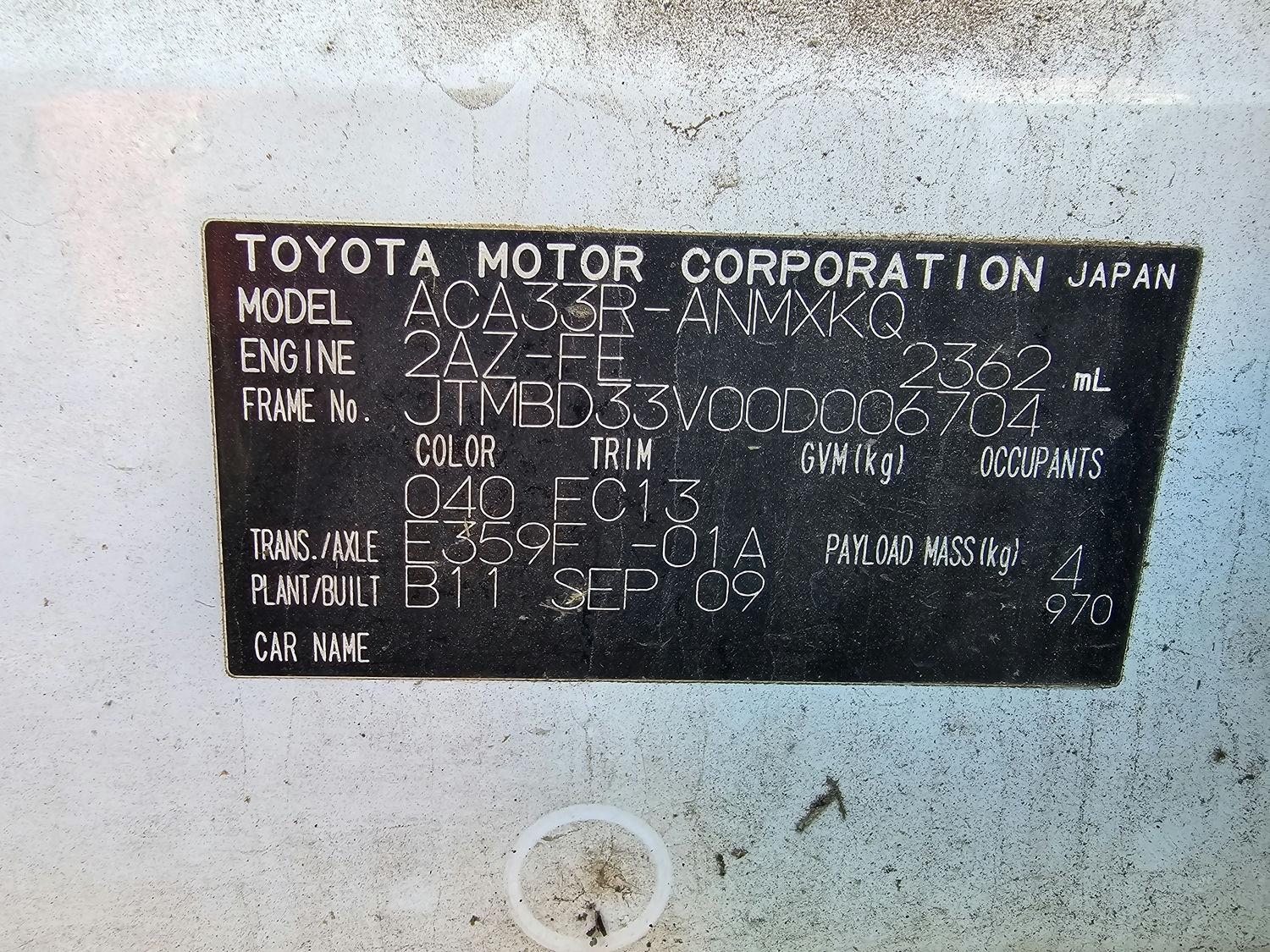 Number Plate Lamp Rav4 Toyota 2009